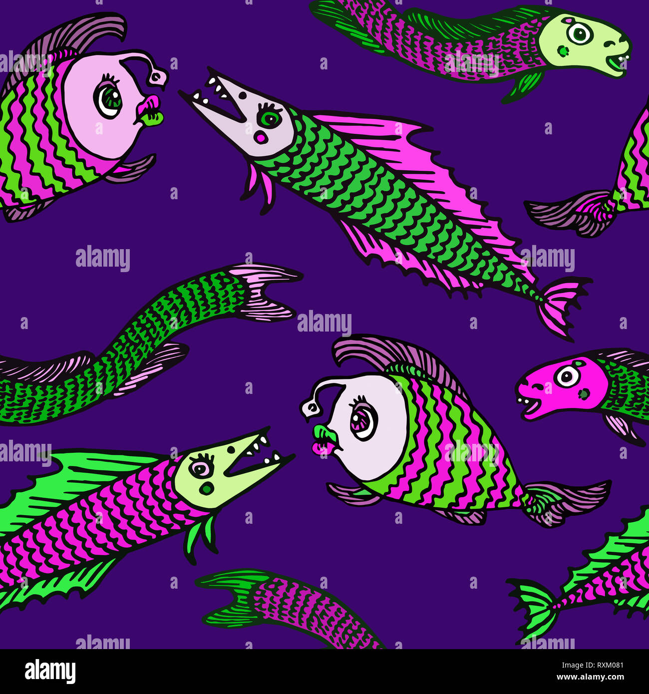 Lustige rosa und grün Lophius piscatorius (Angler), Hecht, Aal Fische ...