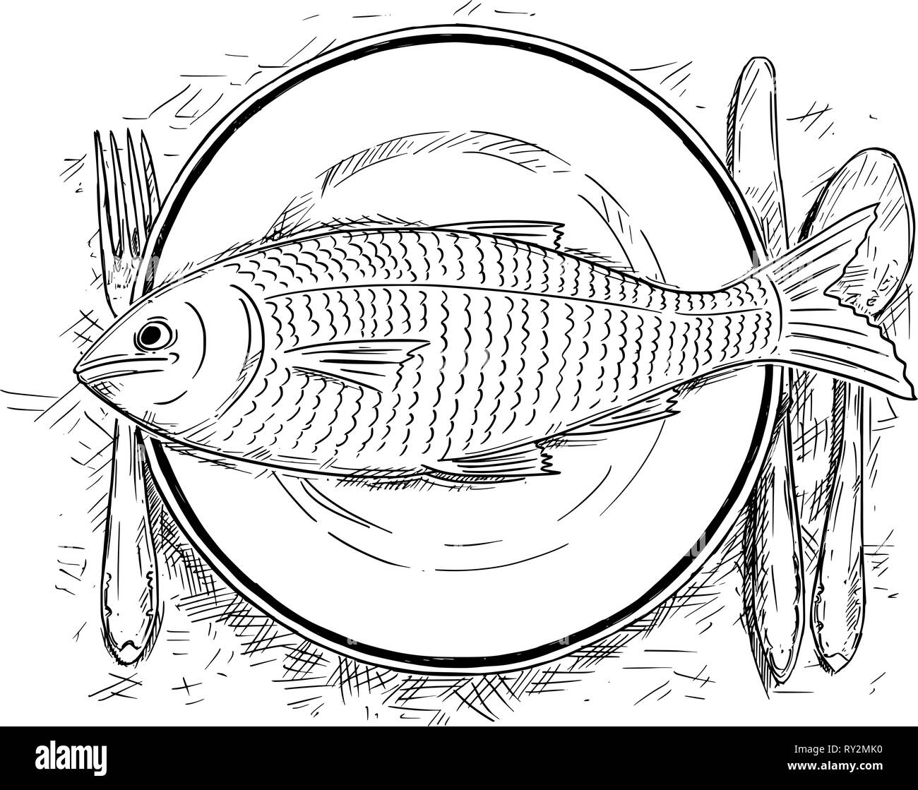 Cartoon Zeichnung der Blick von Oben auf die Fisch essen auf Teller ...