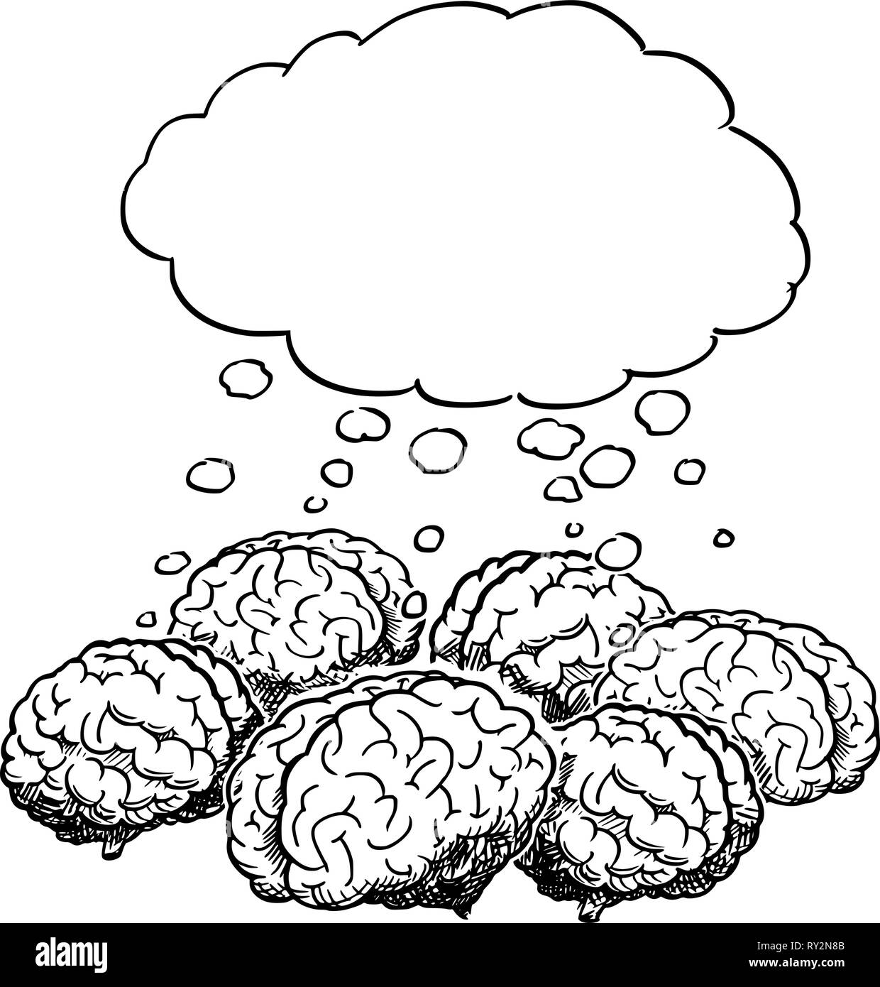 Cartoon von Gruppe menschlicher Gehirne Denken zusammen beim ...