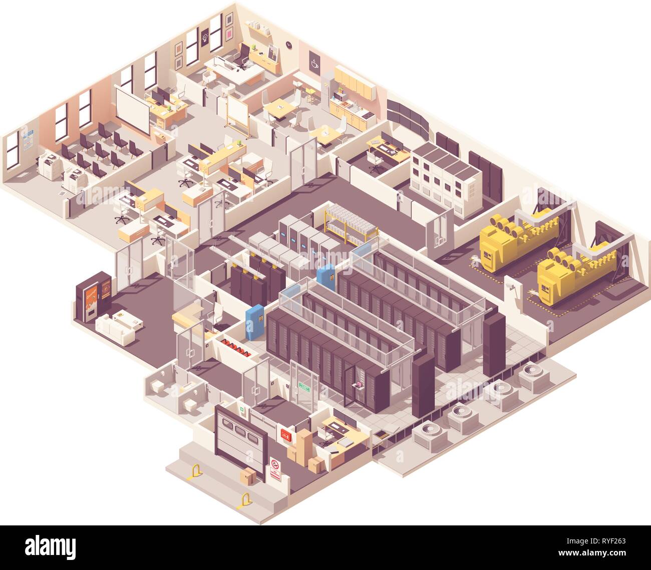 Vektor isometrische Data Center. Serverraum mit heißen und kalten Aisle ...