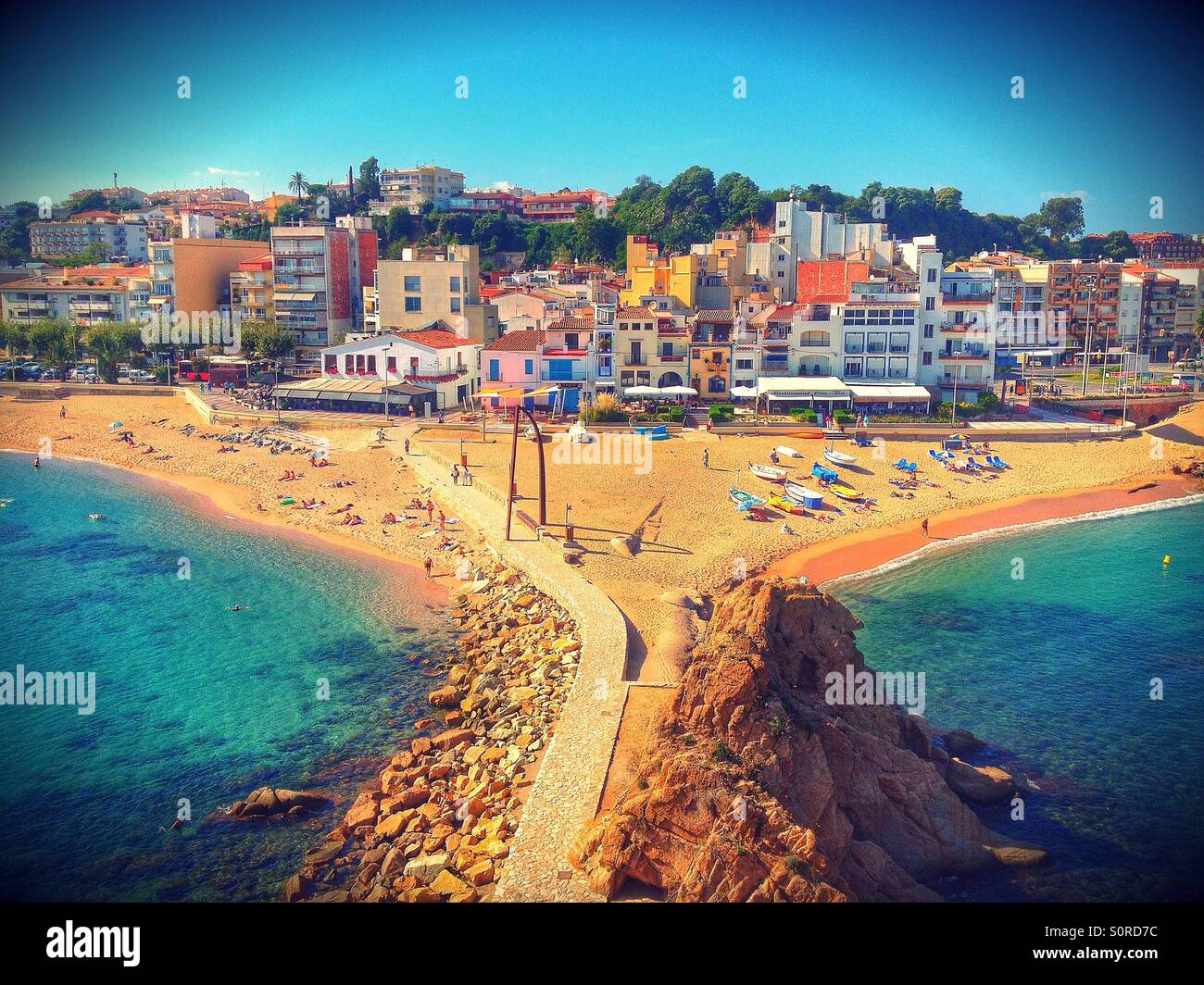 Blick auf den Strand in Blanes, Costa Brava, Girona, Spanien ...