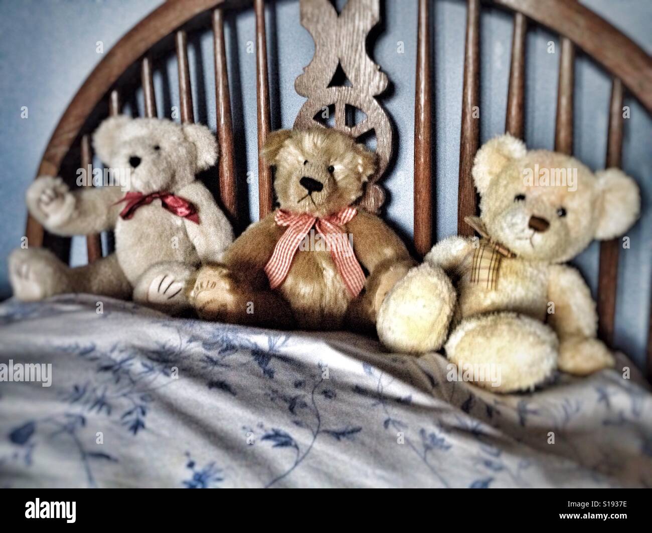 Teddys auf Bett Stockfotografie - Alamy