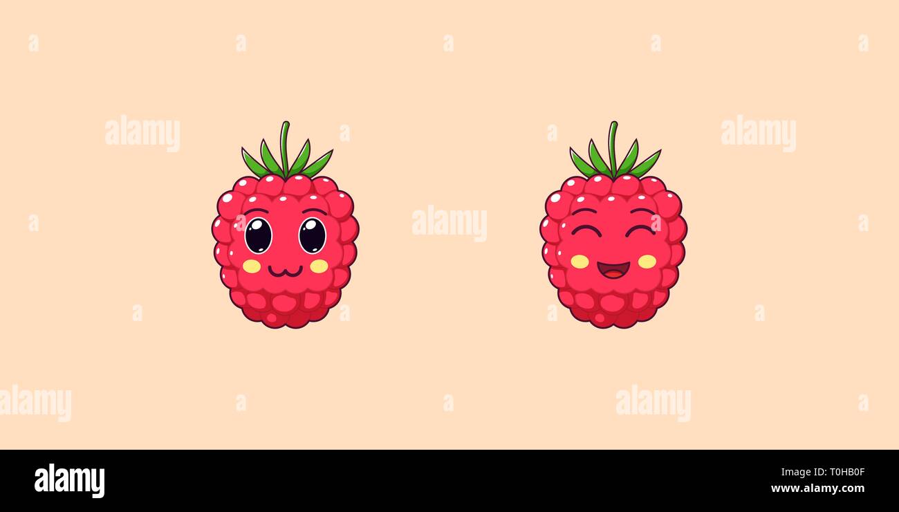 Niedlich Kawaii Himbeere, Cartoon reife Früchte. Vector Illustration ...
