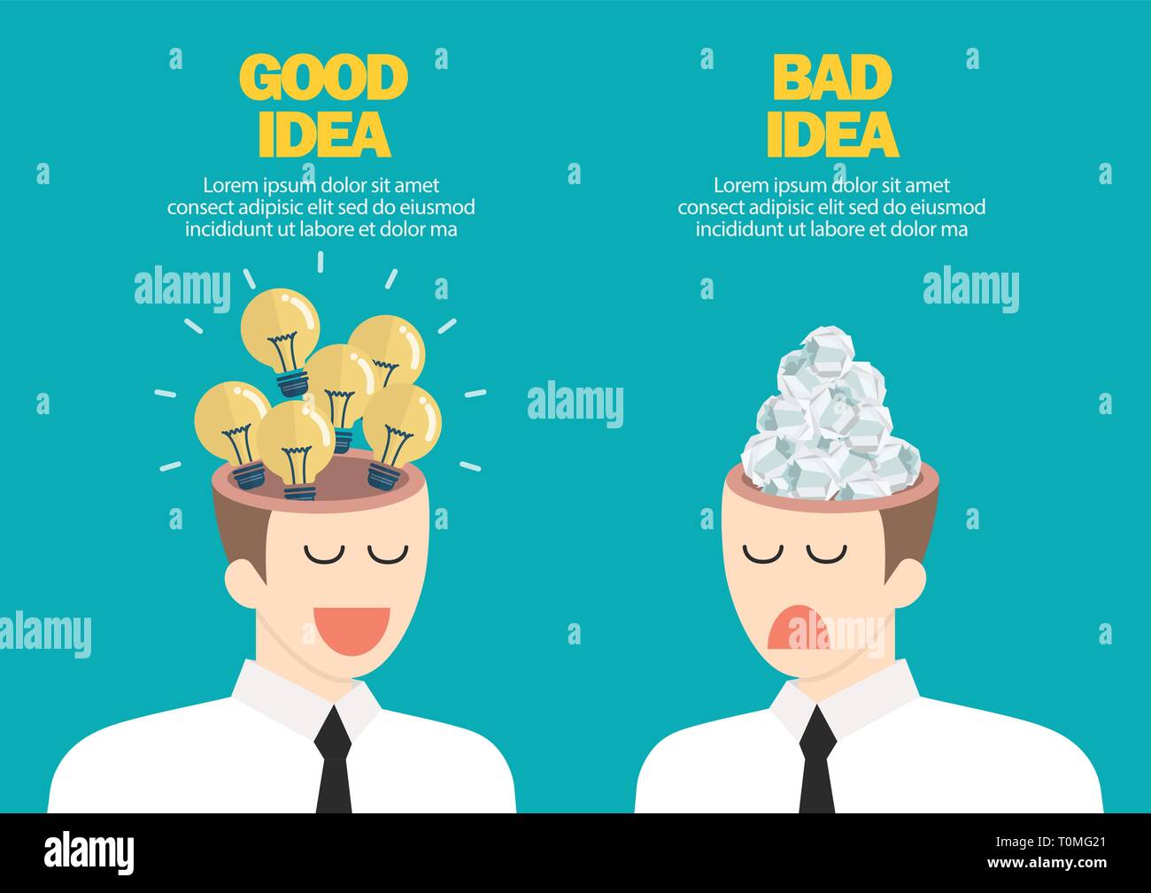 Helle Idee und Junk-Idee in der Unternehmer den Kopf. Geschäftsidee ...