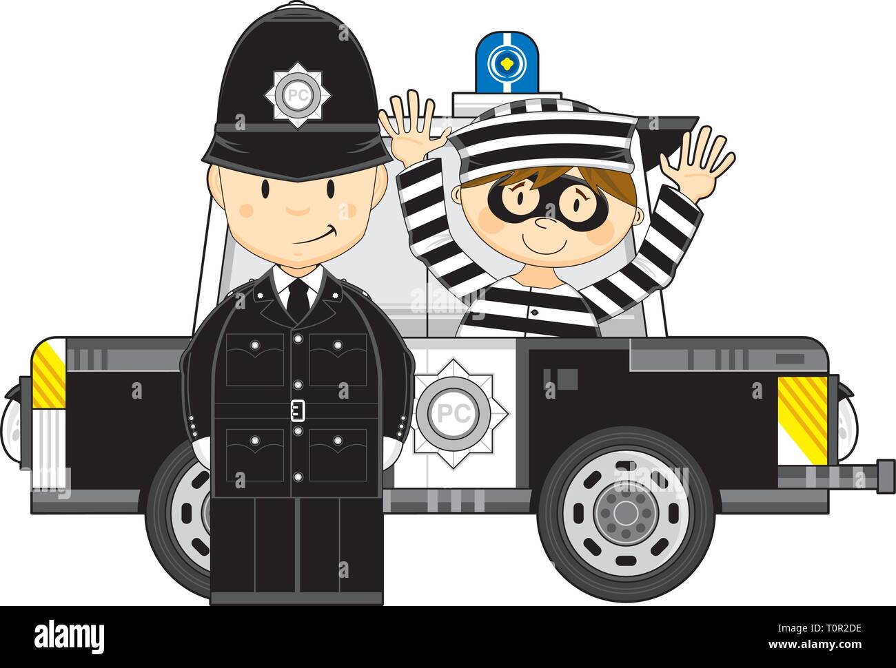 Cute Cartoon Polizist und Polizei Auto mit klassischen Stil Räuber ...