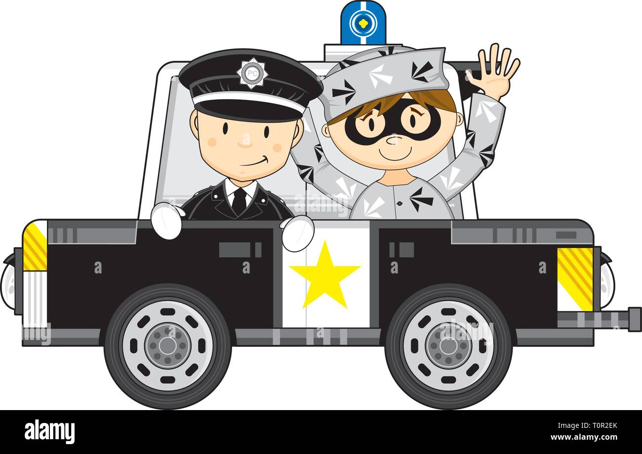 Cute Cartoon Polizist und Polizei Auto mit klassischen Stil Räuber ...