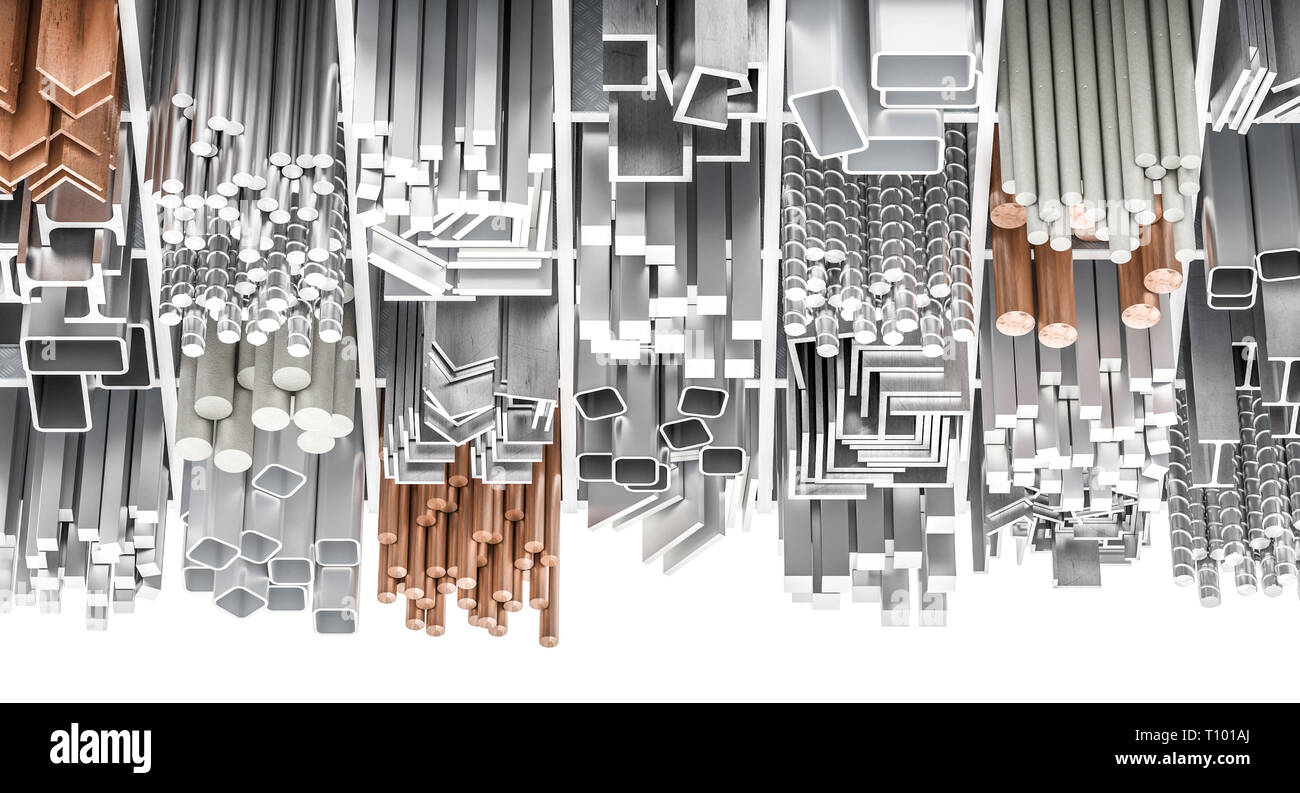 Sortiment verschiedener Profile aus Metall, quadratisch, rund, eckig ...