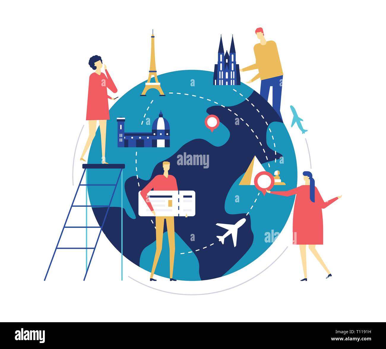 Reisen rund um die Welt - bunte flache Design Stil Abbildung. Eine ...