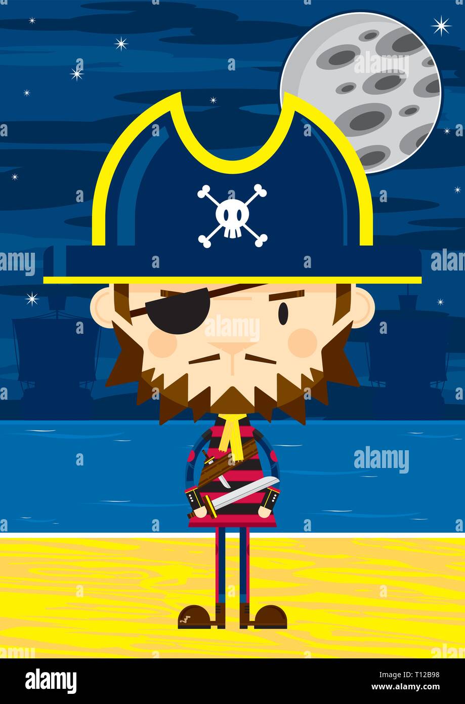Cartoon Pirate Captain am Strand mit Schiffen, die in Silhouette ...
