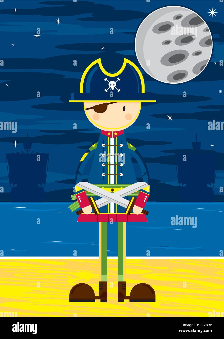 Cartoon Pirate Captain am Strand mit Schiffen, die in Silhouette ...