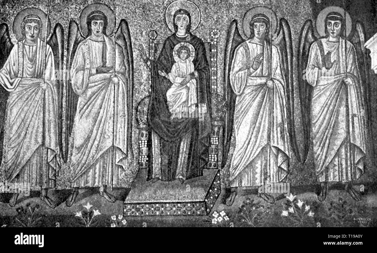Religion, Christentum, Madonna/Maria mit dem Kind und Maria mit dem Jesuskind von Engeln, Mosaik ...