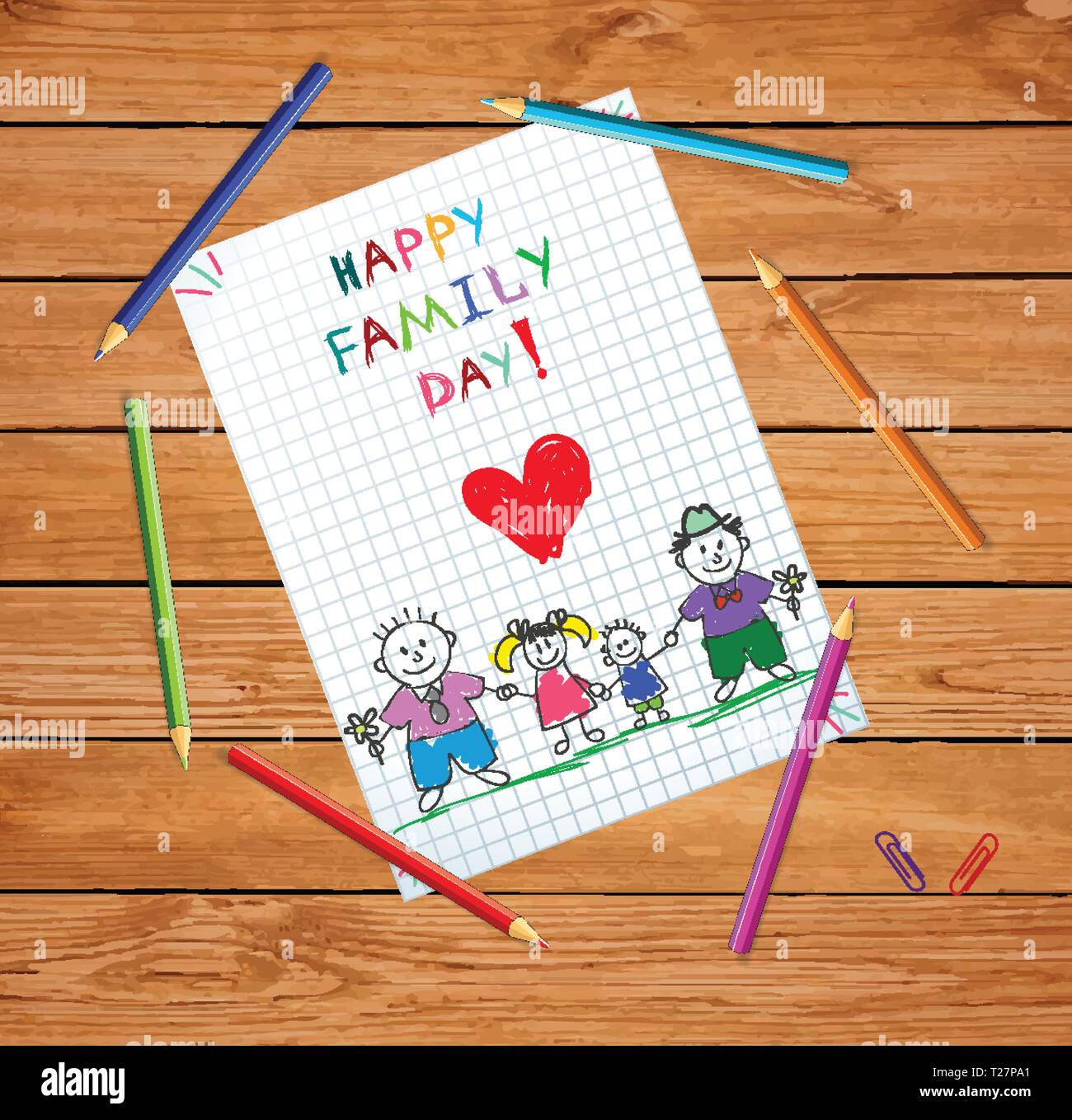 Happy Family Tag Cartoon Hand gezeichnet Abbildung liegen auf hölzernen ...