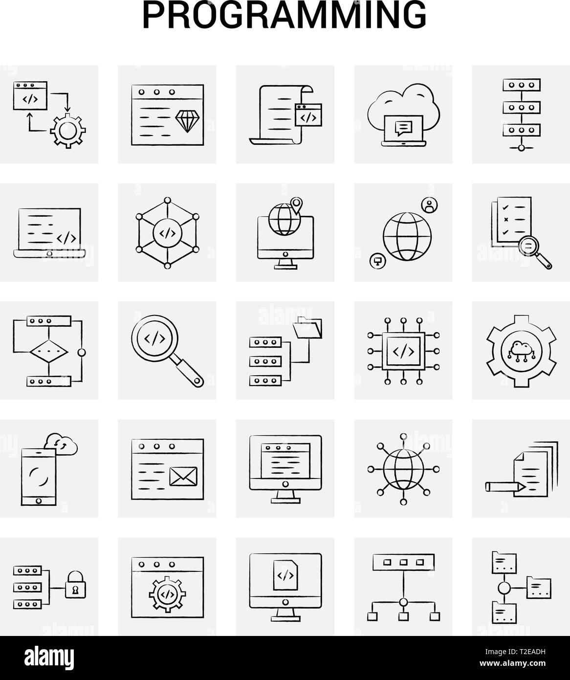 25 Hand gezeichnet Programmierung Symbol gesetzt. Grauer Hintergrund ...
