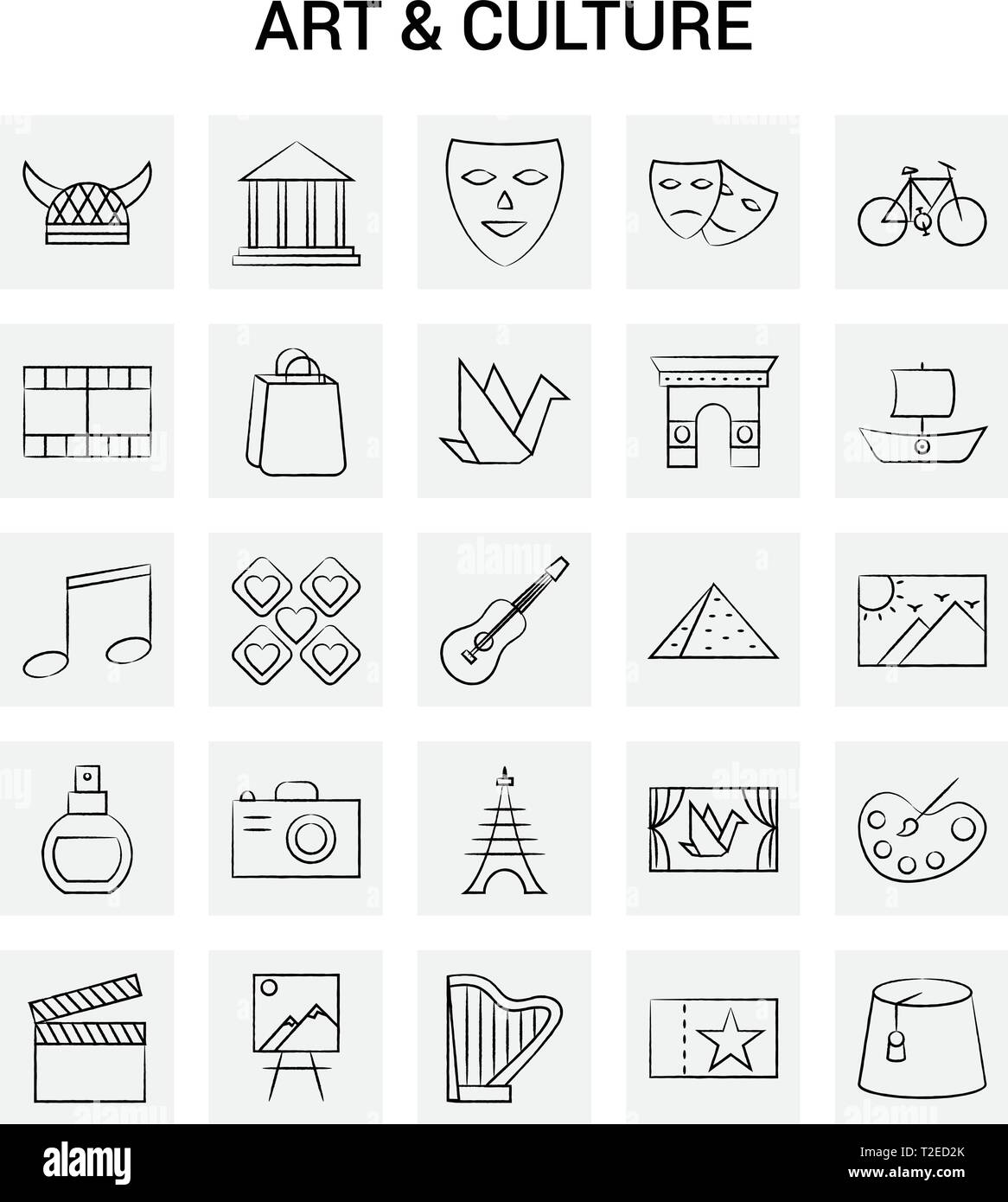 25 Hand gezeichnete Kunst und Kultur Symbol gesetzt. Grauer Hintergrund ...