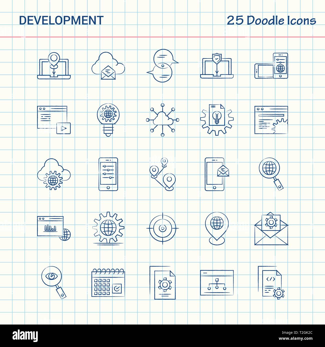 Entwicklung 25 Doodle Symbole. Hand gezeichnet Business Icon Set Stock ...