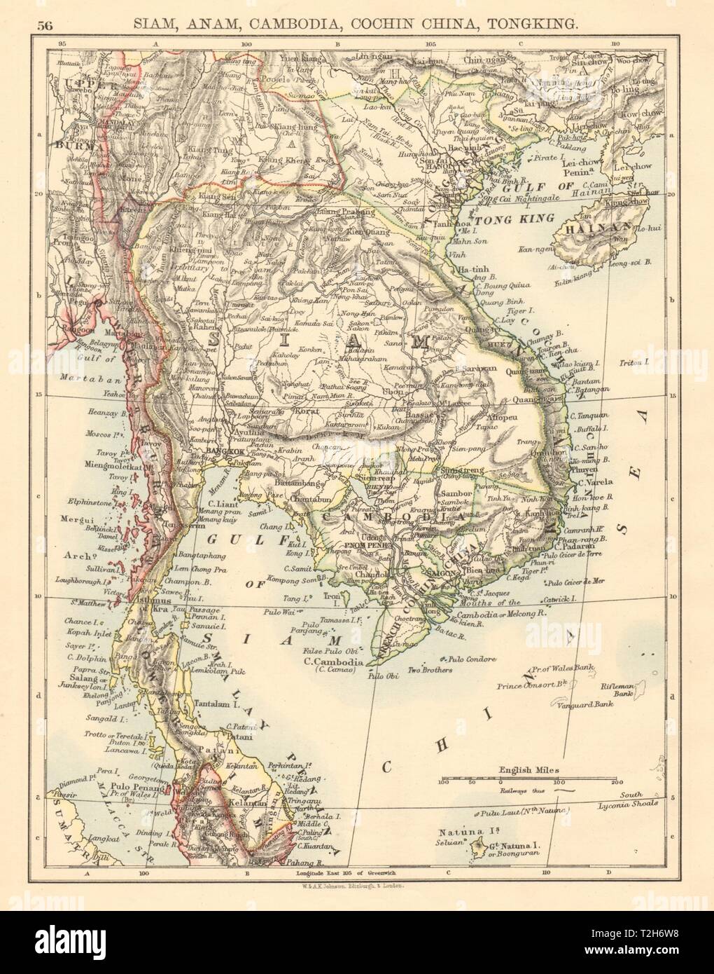 INDOCHINA Siam Thailand Burma Kambodscha Anam Cochin China Anam 1892 alte Karte Stockfotografie ...