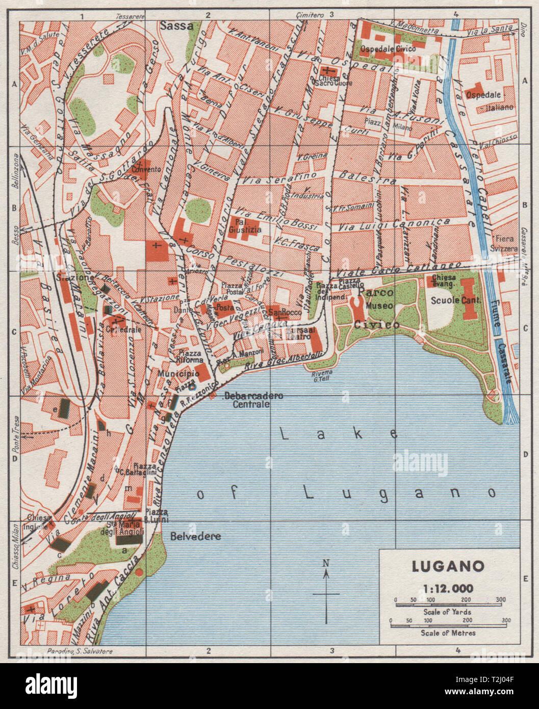 LUGANO. Vintage Town City Karte planen. Schweiz 1948 alte ...