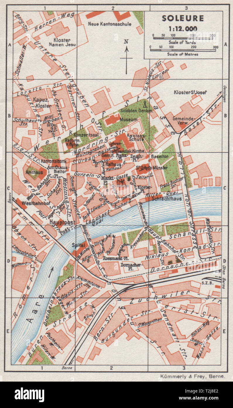 Solothurn. Vintage Town City Karte planen. Schweiz 1948 alte ...