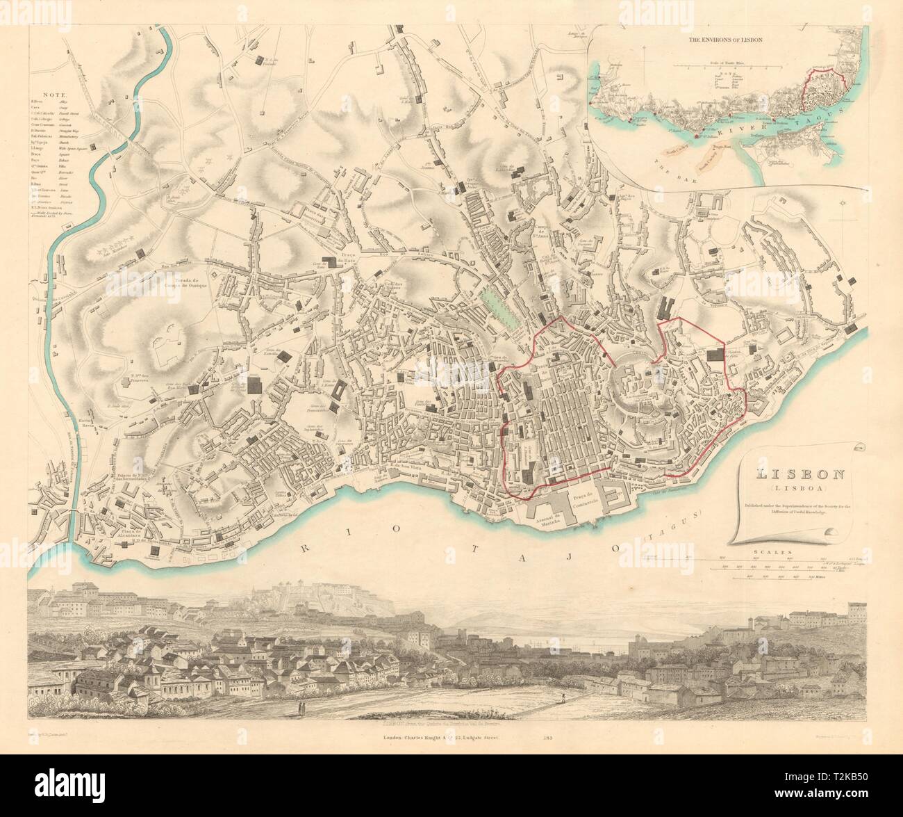 Lissabon LISBOA. Antike Stadt Stadtplan Plan. Inset Umgebung. Panorama ...