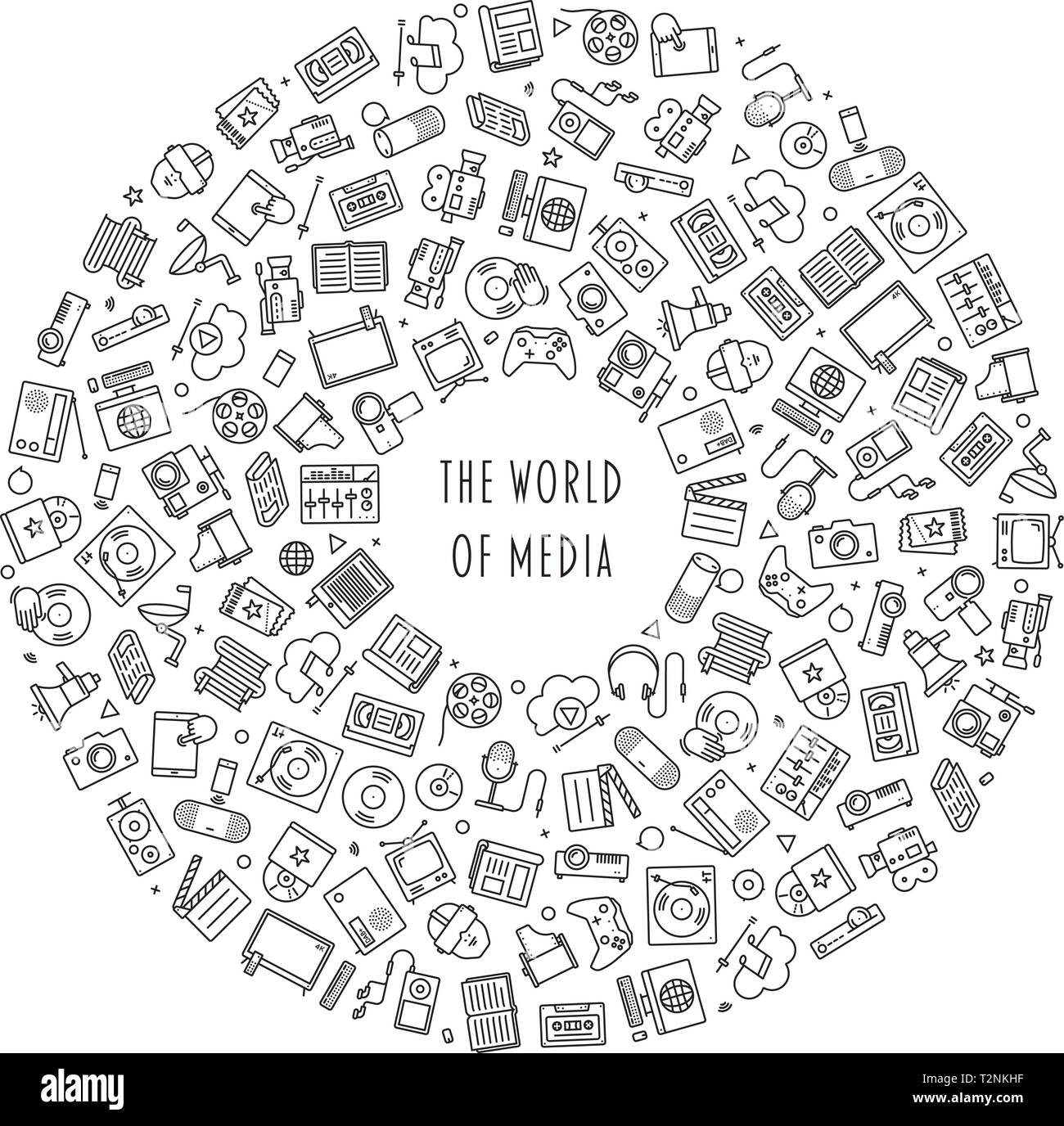 Welt der Medien und Unterhaltung Konzept. Zeile für Symbole von ...