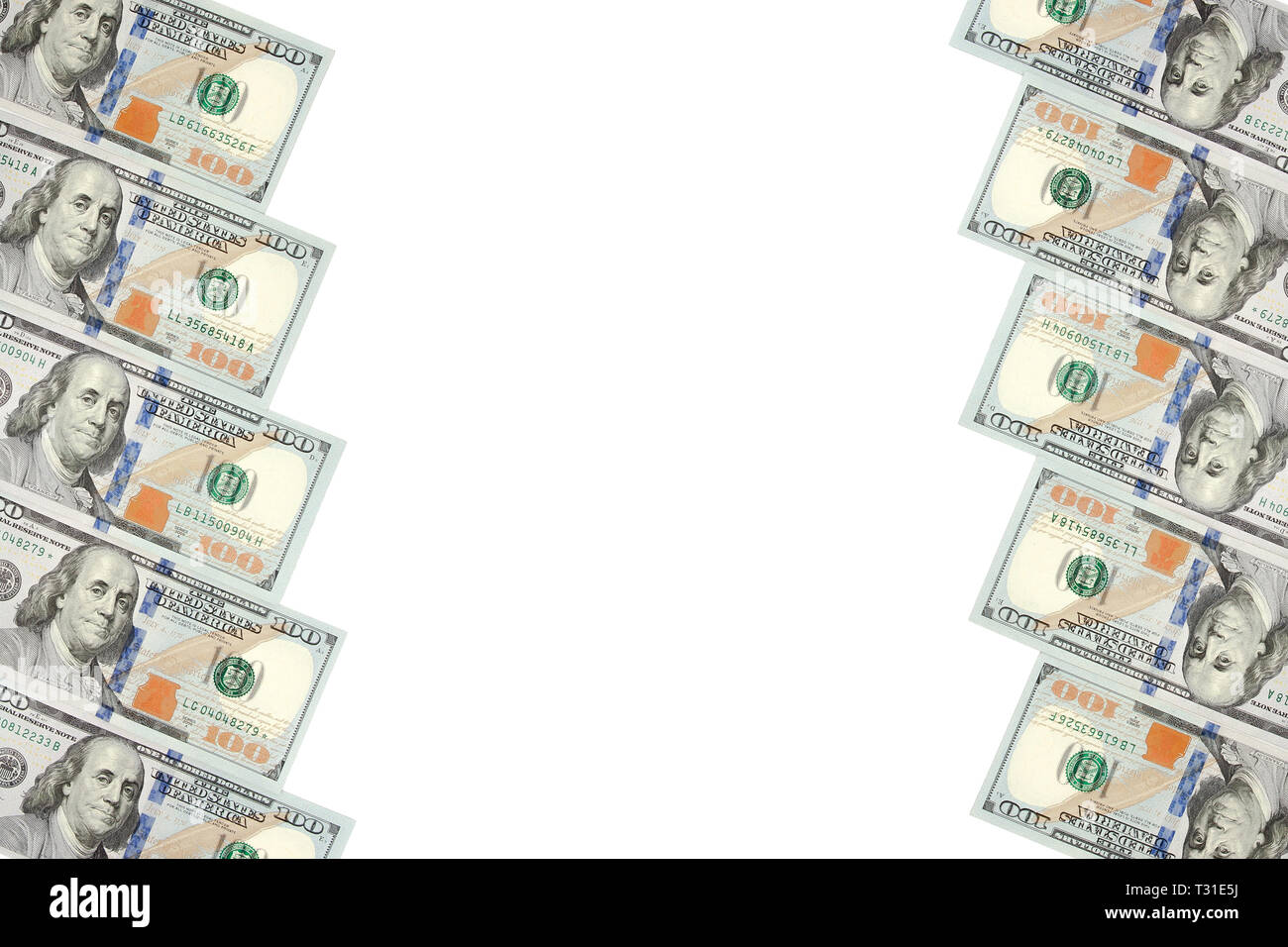 Ein Rahmen aus zwei Reihen von Rechnungen von einhundert Dollar. Weißer ...