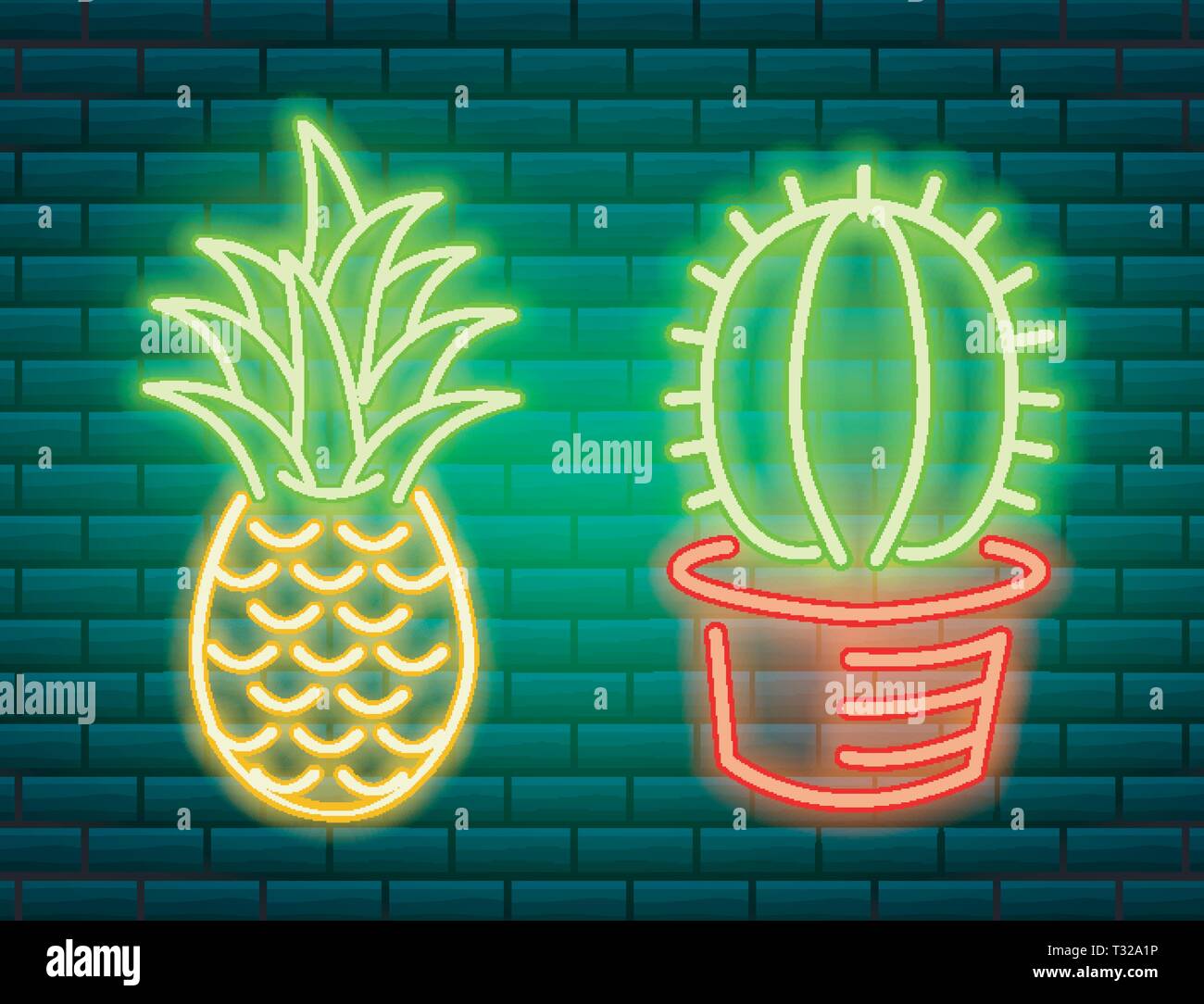 Neon Zeichen und Symbole. Cactus und Ananas, tropischen Pflanzen ...
