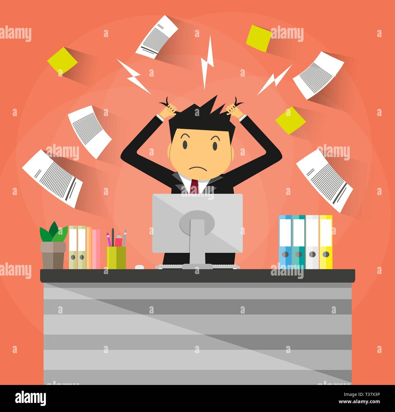 Betonte cartoon Geschäftsmann in Haufen von Office Papiere und ...