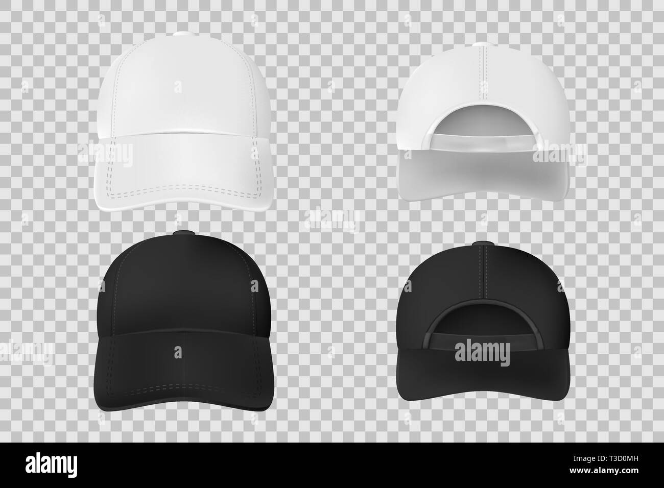 Set von Baseball-Cap schwarz und weiß mockup. Realistische Kappe ...