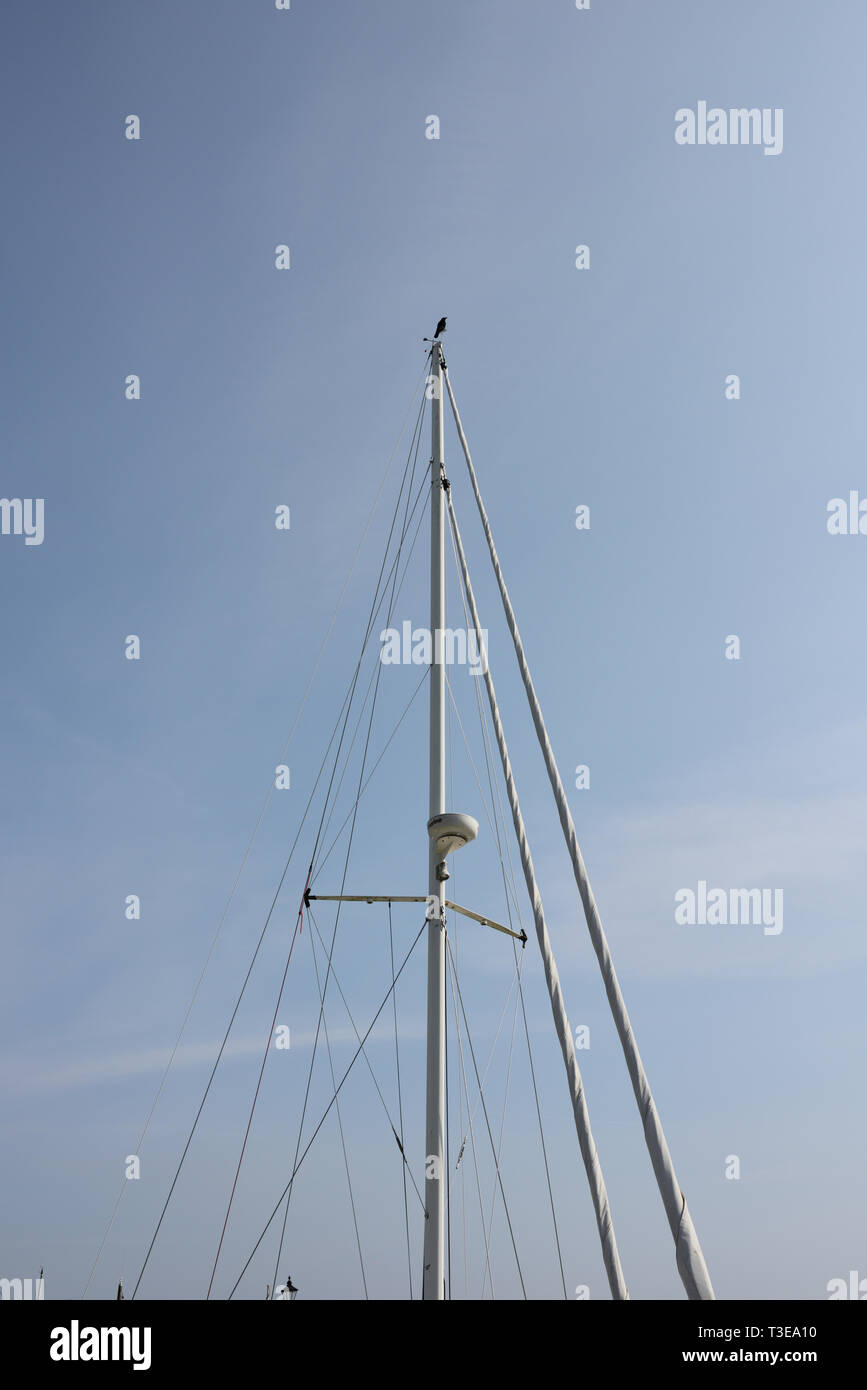 Segelboot Mast, Rigg, Segel aufgerollt und Radar, in porthmadog Hafen ...