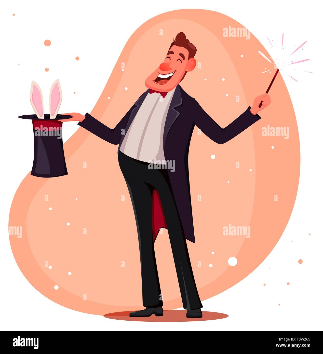 Illusionist zeigt magische Tricks mit Zauberstab und Zylinder. Magier ...