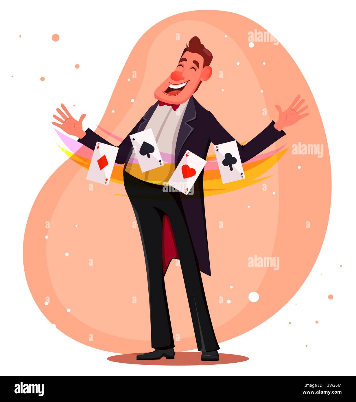 Illusionist zeigt magische Trick mit Karten spielen. Magier cartoon ...