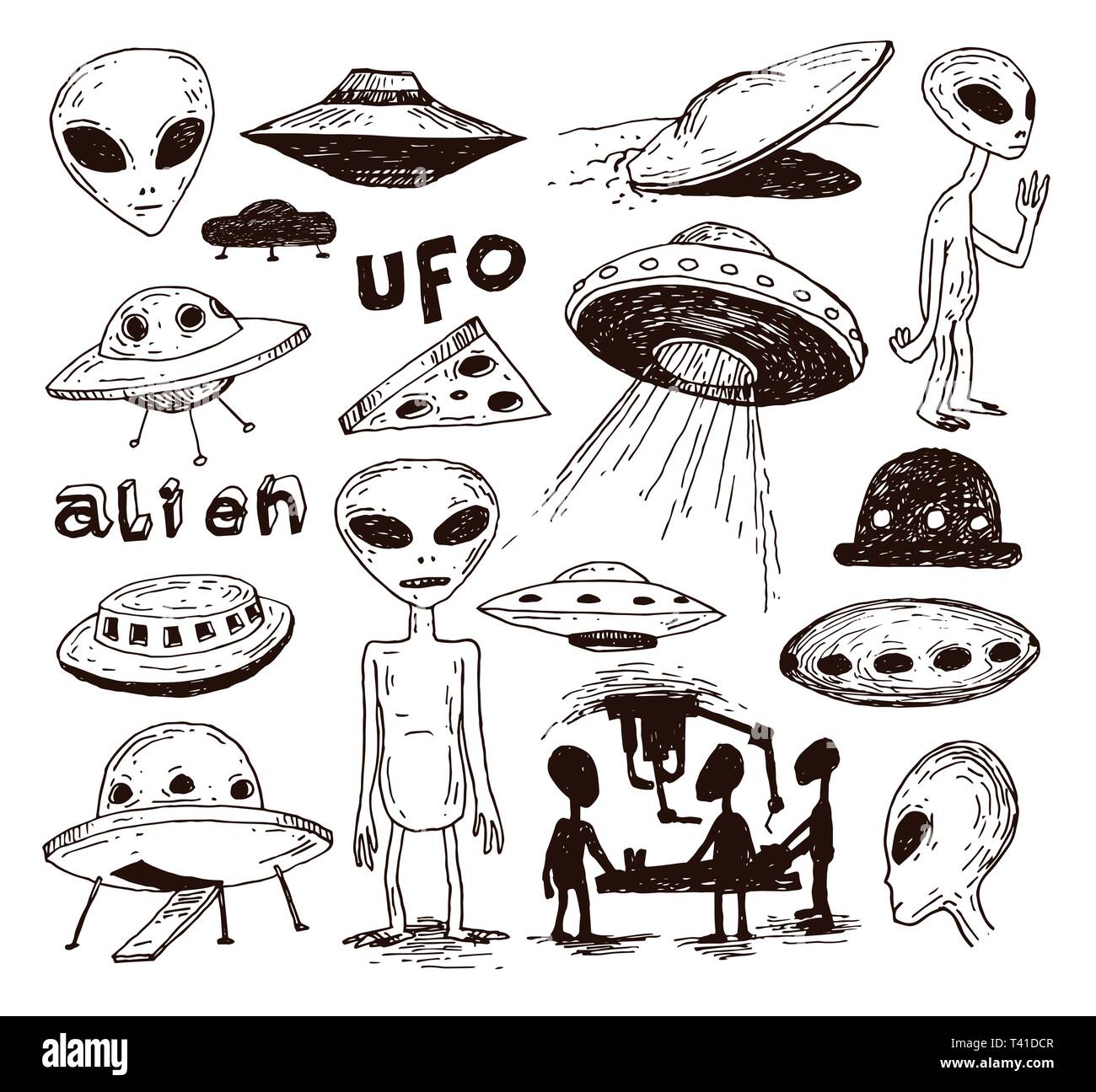 Satz von Alien und ufo-Symbol, hand Vector Illustration gezeichnet ...