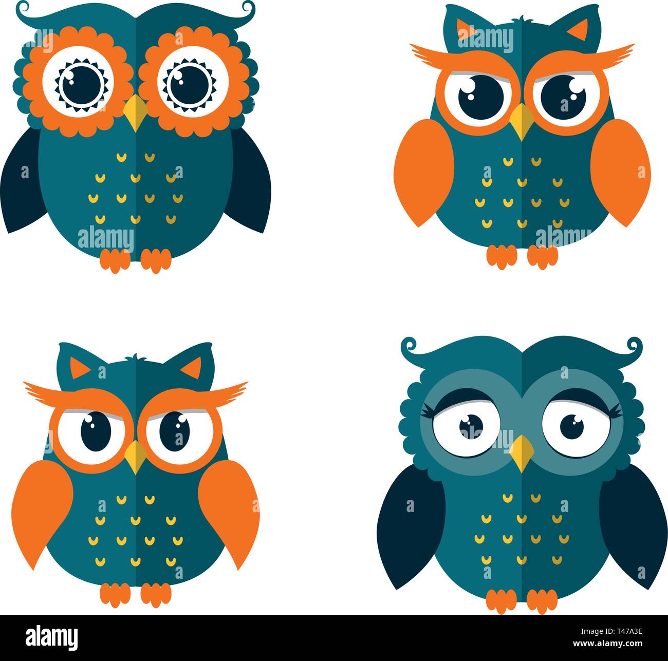 Satz von vier Eulen auf weißem Hintergrund. Flache Symbole. Vector ...