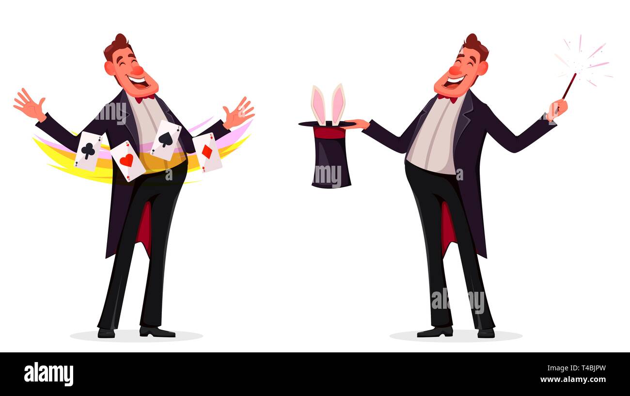 Illusionist zeigt magische Tricks mit Spielkarten und mit Zauberstab ...