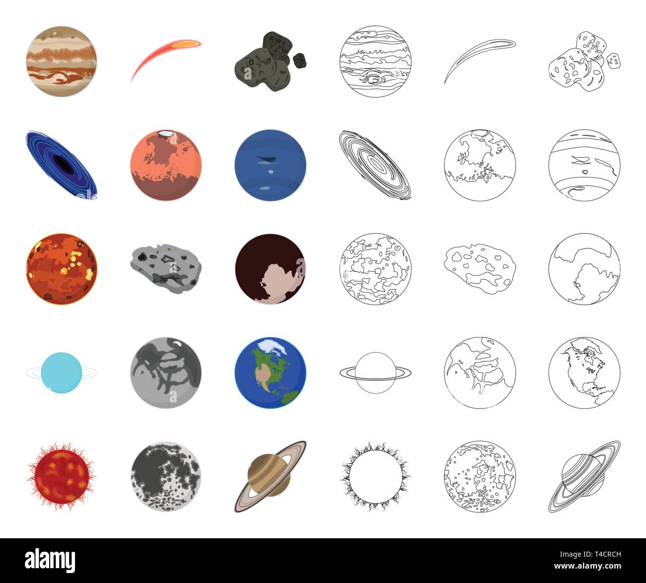 Planeten des Sonnensystems Cartoon, umriss Symbole im Set Sammlung für ...