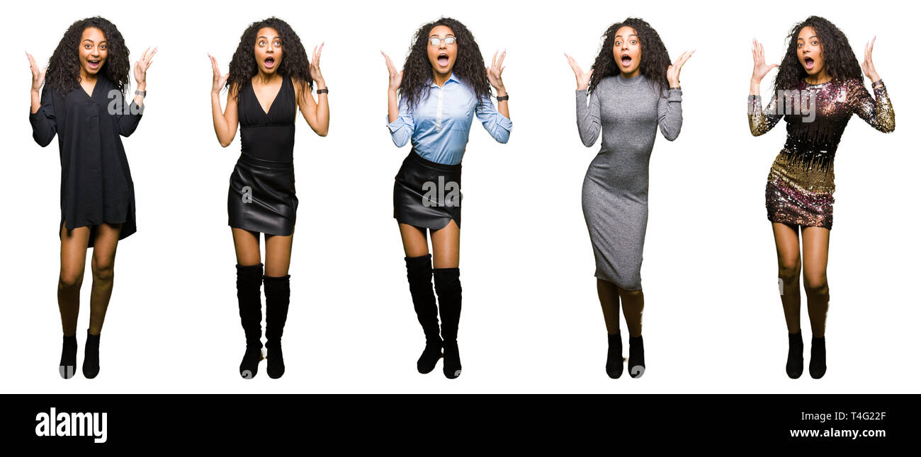 Collage der jungen Frau mit Party dress über isoliert weißer ...