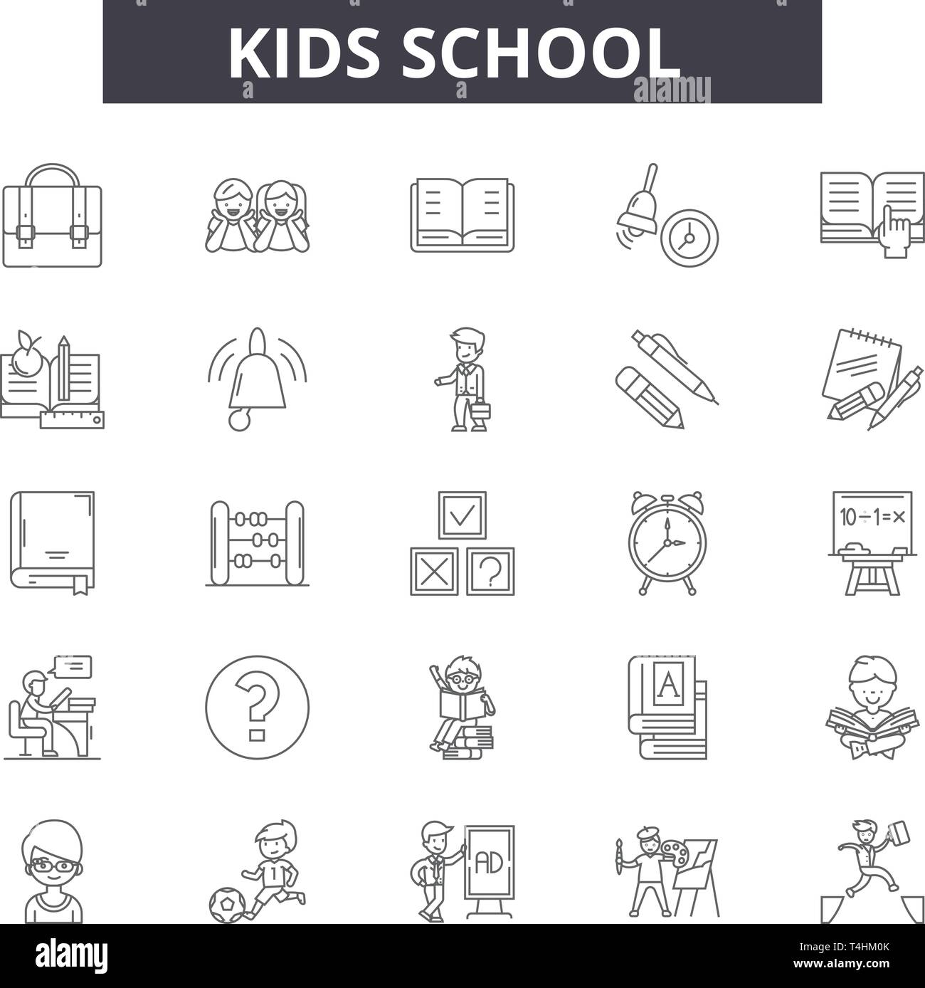 Kinder die Schule Zeile für Symbole, Zeichen, Vektor. Kinder die Schule ...