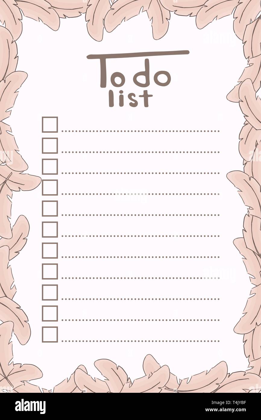 , Um Liste zu tun. Design mit rosa Federn. Vector Illustration. Leere ...