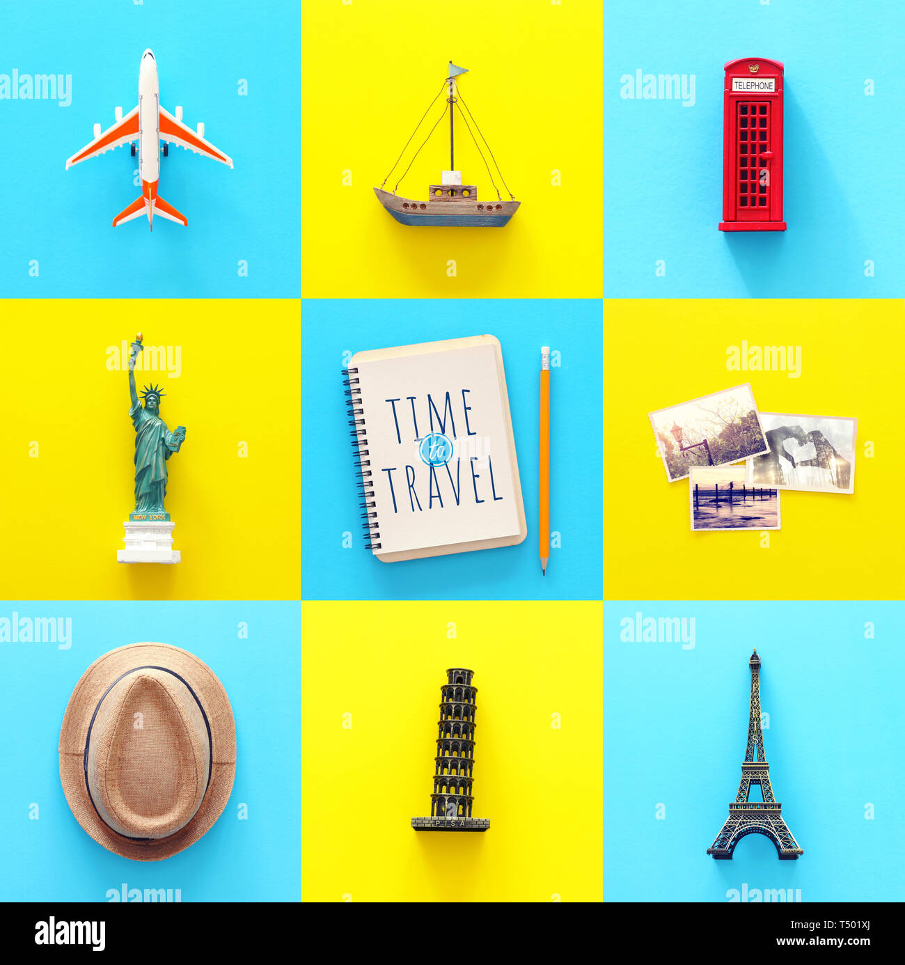 Reisen collage Konzept mit Welt Symbole und Icons. Ansicht von oben ...