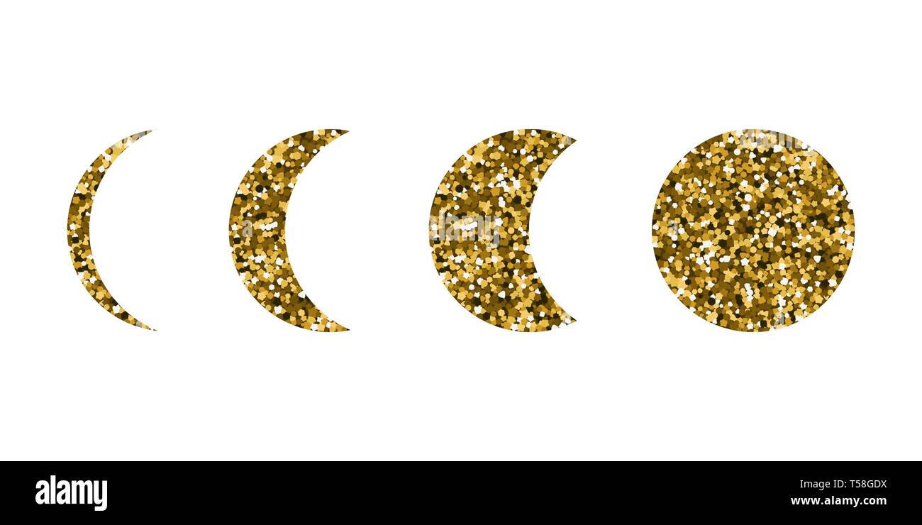 Die Mondphasen. Symbole gesetzt. Weißer Hintergrund. Goldene pailletten ...
