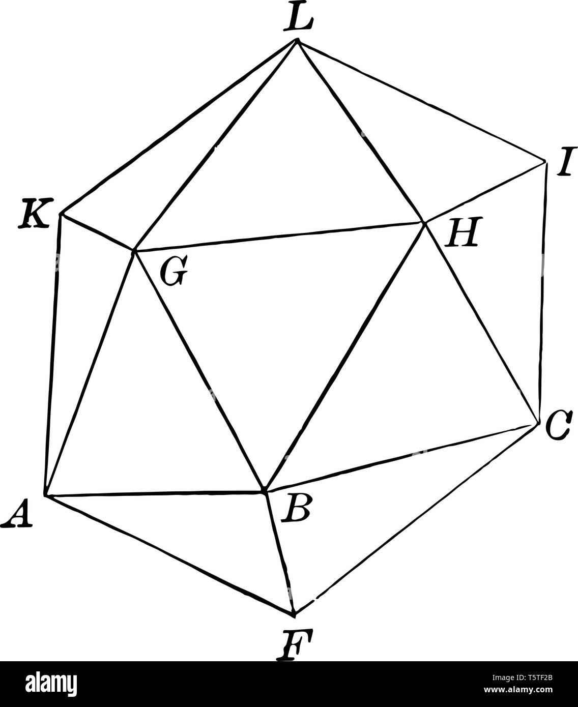 Ein Diagramm eines Ikosaeders, ist eine solide Figur mit 20 flachen ...