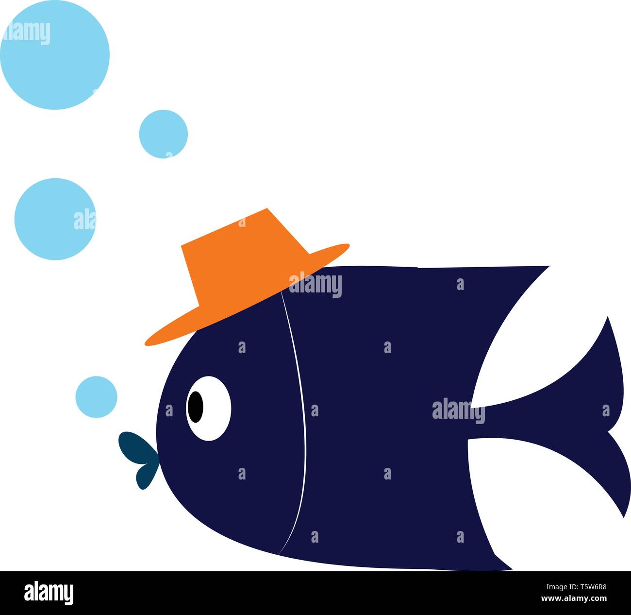 Ein blauer Fisch mit großen Augen, orange Hut und vier blauen Blasen ...