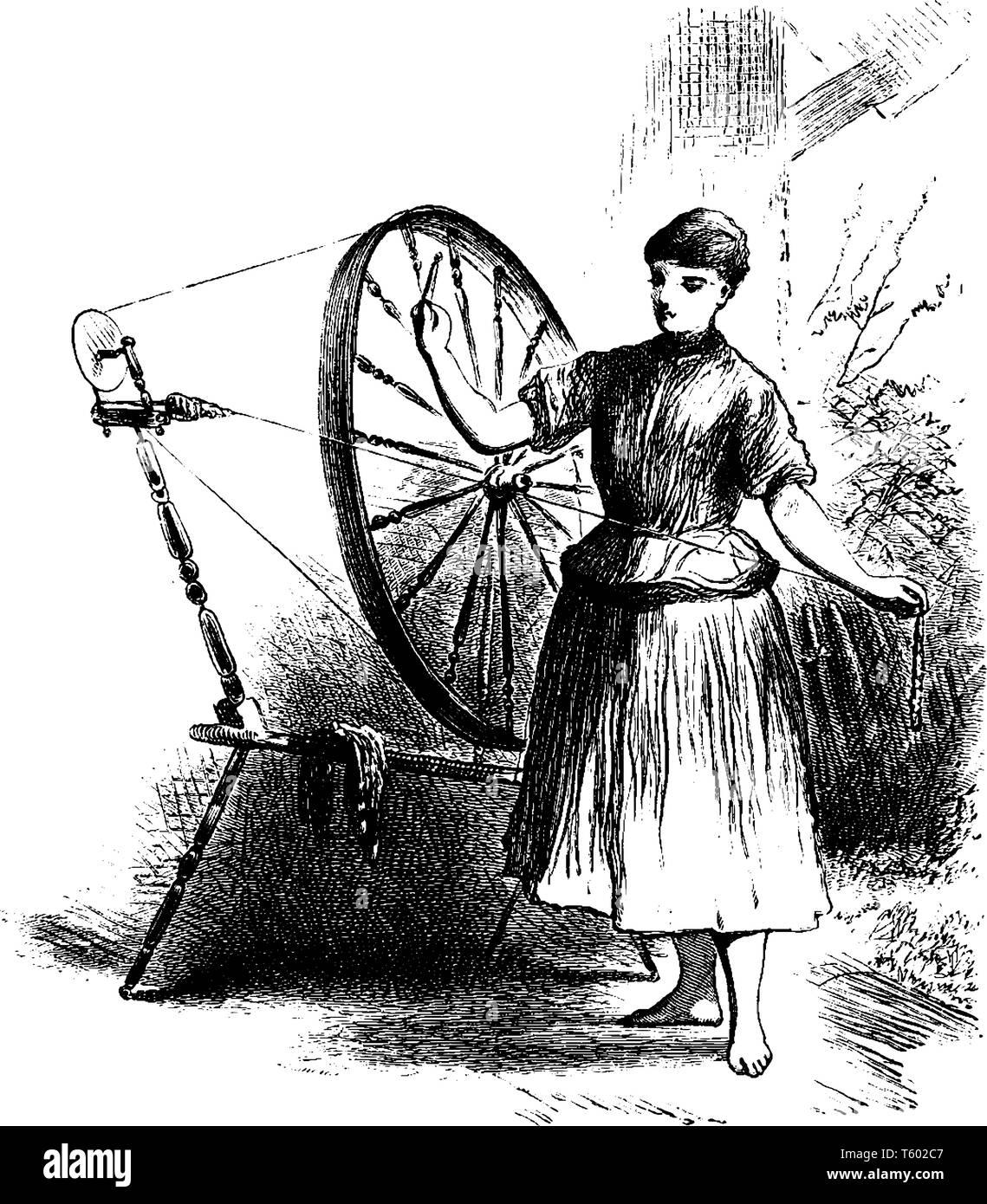 Eine Frau mit Spinnrad, vintage Strichzeichnung oder Gravur Abbildung ...