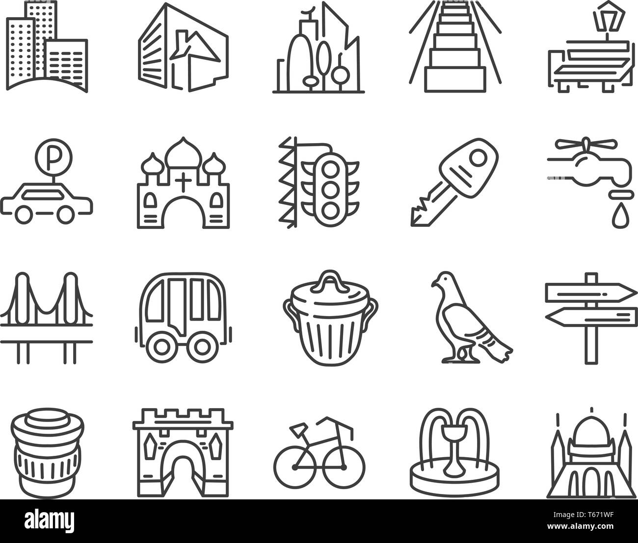 Stadt- und Stadt element Symbol in trendigen Simple Line Art style Set ...