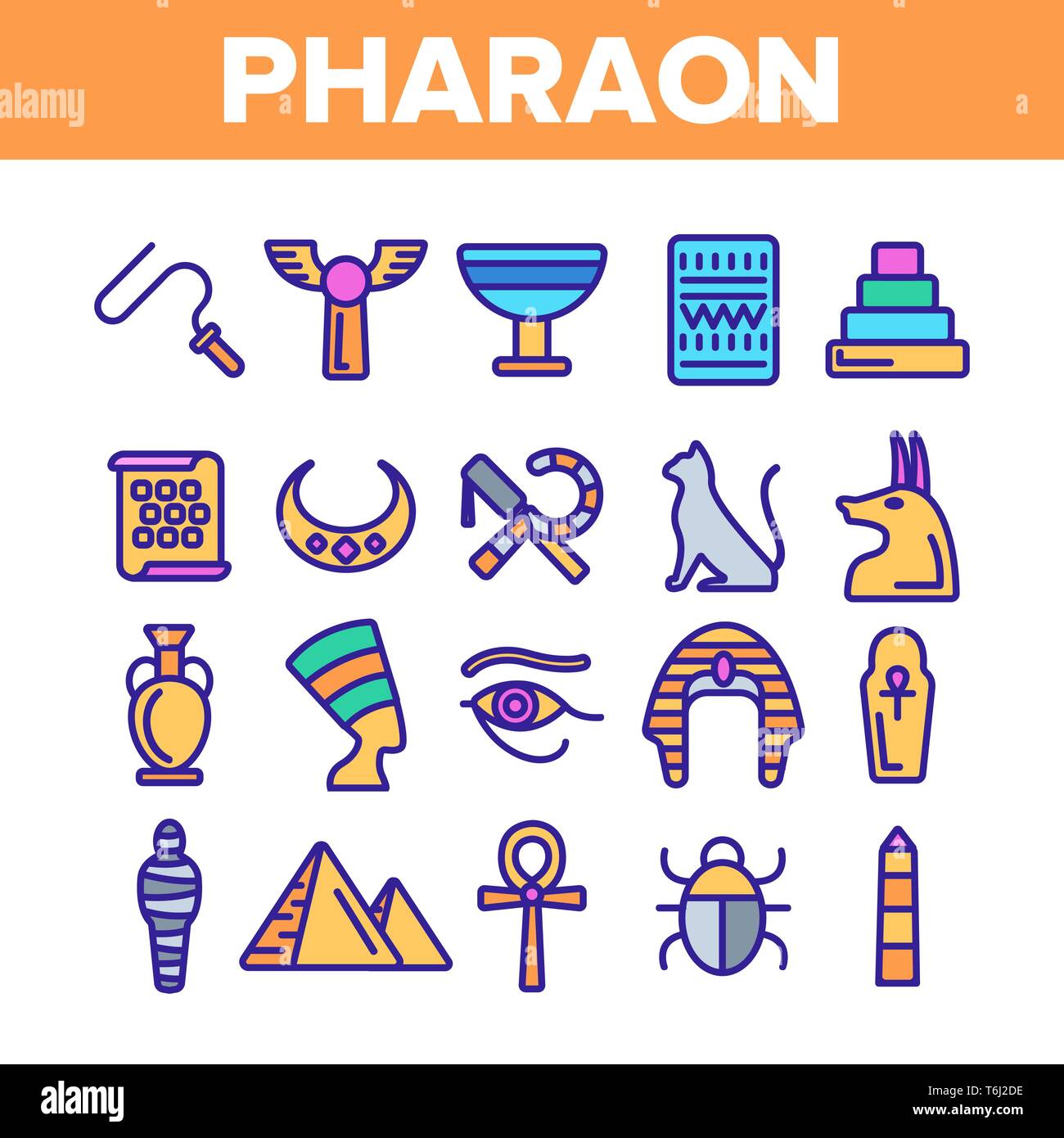 Pharao, Ägypten König Vektor dünne Linie Symbole gesetzt. Pharao der ... Pharao, Ägypten König Vektor dünne Linie Symbole gesetzt. Pharao der ...