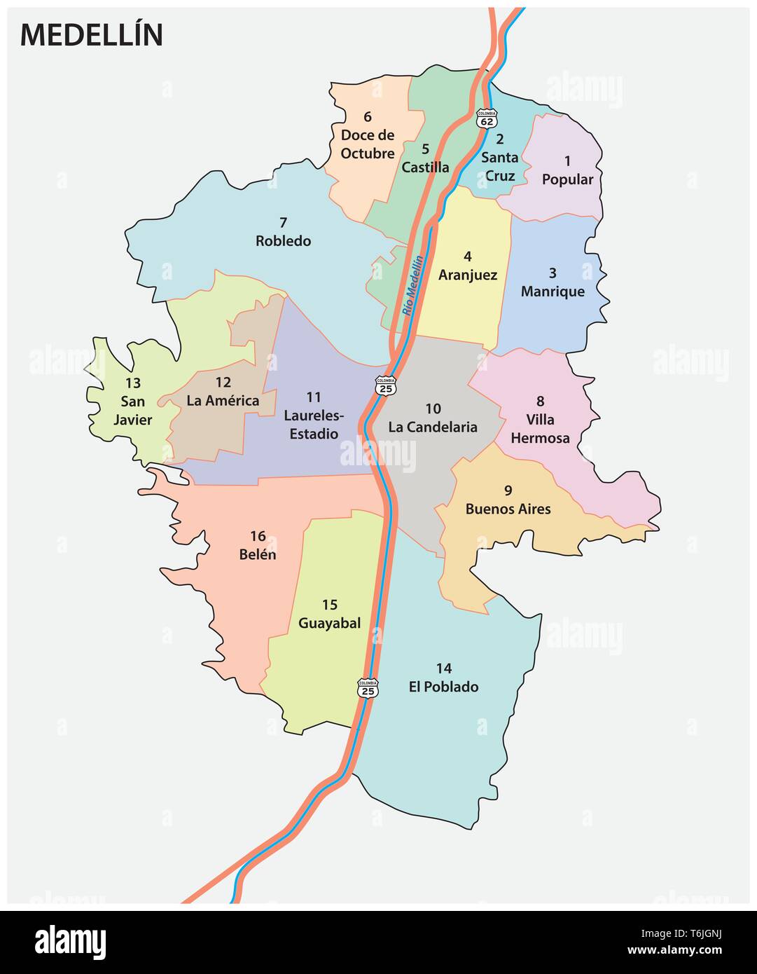 Administrative und politische Karte der kolumbianischen Stadt Medellín ...