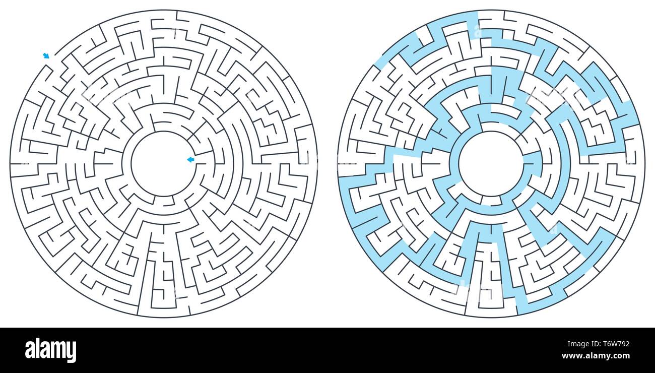 Labyrinth Labyrinth mit Lösung, Vector Illustration. Runde ...