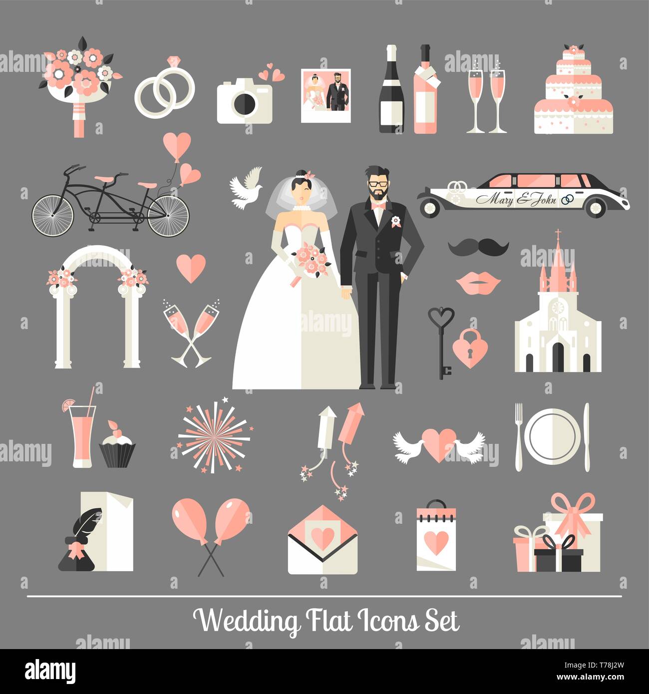 Hochzeit Symbole gesetzt. Flache Icons für Ihre Hochzeit Design Stock ...