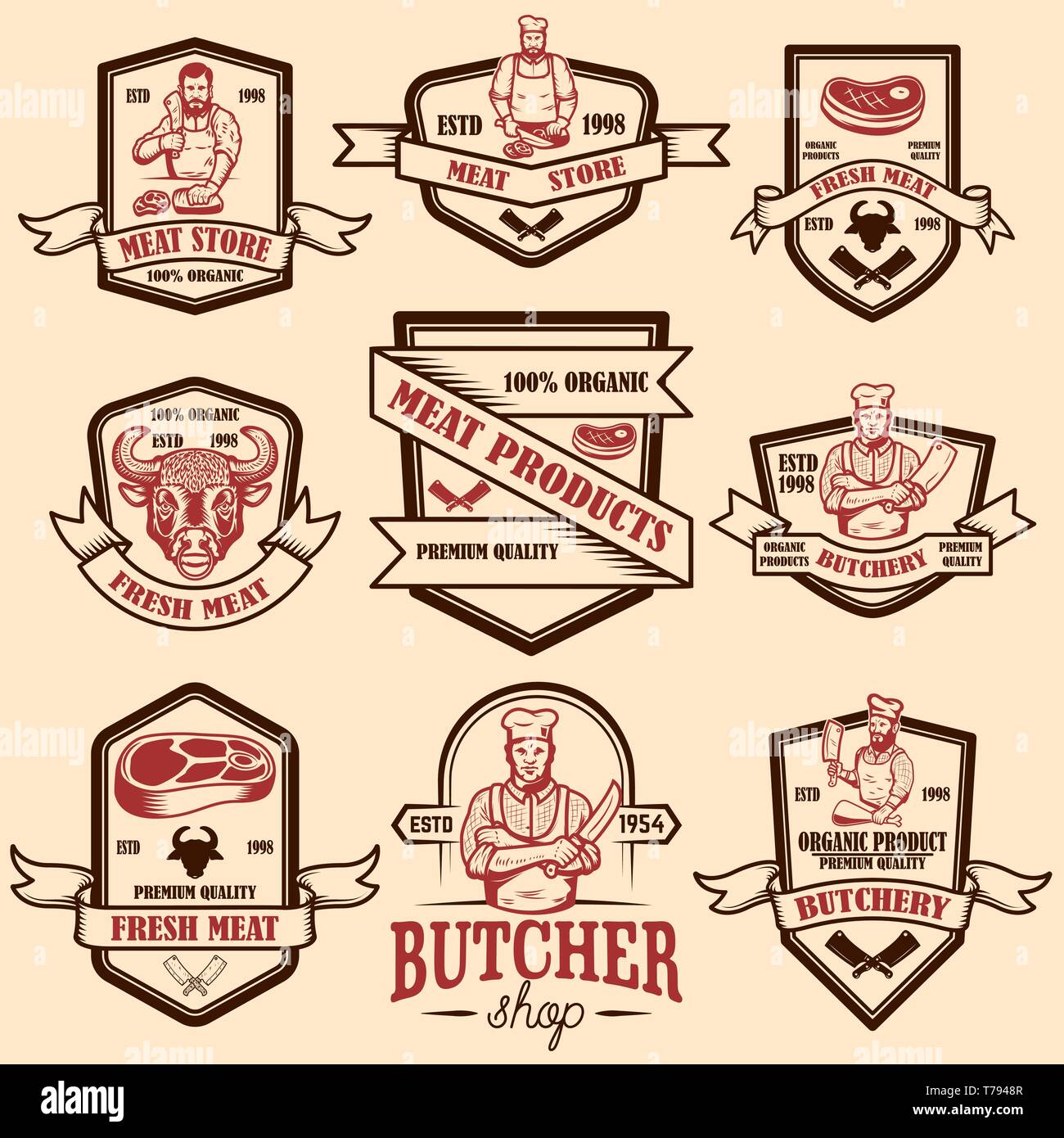 Satz von Vintage Fleisch store Labels. Design Element für Logo, Emblem ...