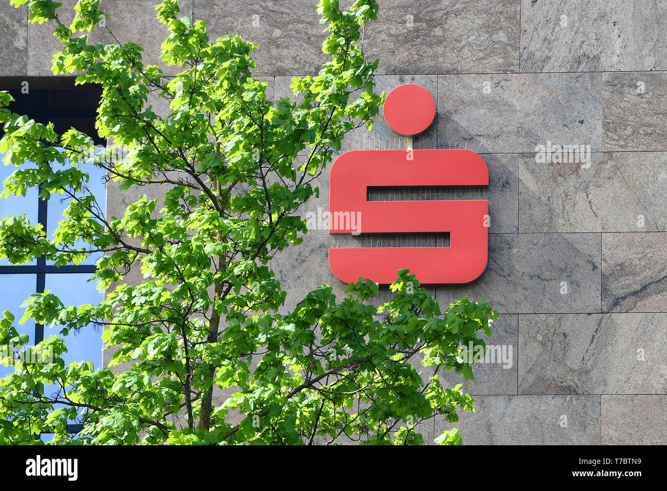 Sparkasse, Logos, Zeichen, auf einer Fassade Vor einen Baum mit grünen ...